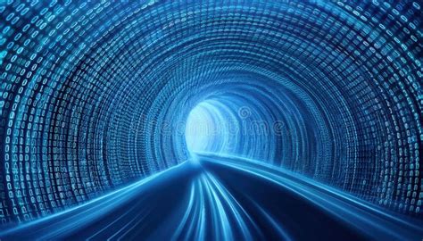 Encrypted Digital Tunnel Of Neon Binary Streams With Swirling Code And Futuristic Technology