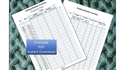 Printable Knitting Needle Inventory Record Sheet Page For Knitters To
