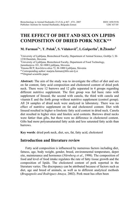 Pdf The Effect Of Diet And Sex On Lipids Composition Of Dried Pork Neck