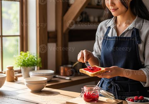 Young Asian Woman Spreading Red Berry Jam On Toast In A Rustic