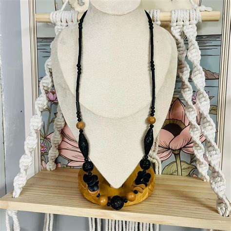 Vintage Carved Wood Bead Necklace Black Brown Boho Earthy