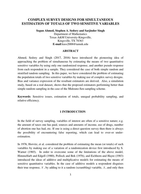 Pdf Complex Survey Designs For Simultaneous Estimation Of Totals Of