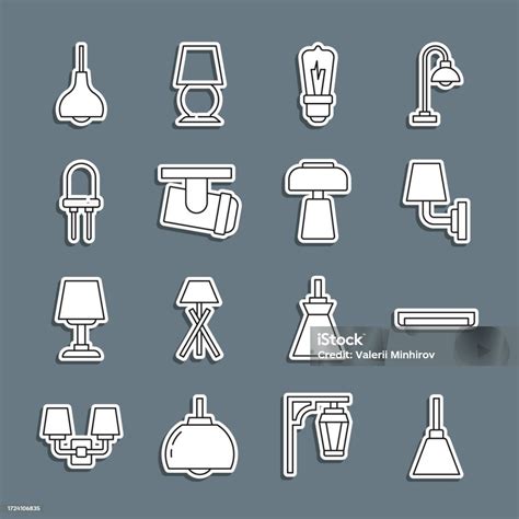 세트 라인 샹들리에 형광등 벽 Sconce 전구 Led 트랙 조명 램프 발광 다이오드 램프 교수형 및 테이블 아이콘 벡터 0명에 대한 스톡 벡터 아트 및 기타 이미지
