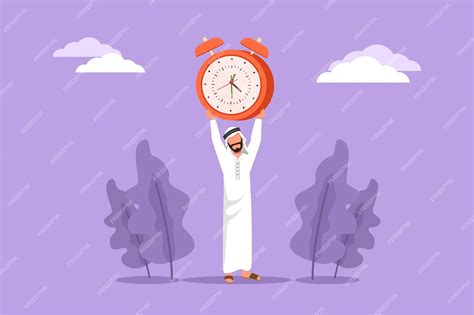 평면 만화 스타일 그리기 강한 아라비아 사업가 손에 알람 시계를 제기 시간 시계 제한 제공 마감 기호 혁신 및 비즈니스 개발 그래픽 디자인 벡터 일러스트 레이 션 프리미엄 벡터