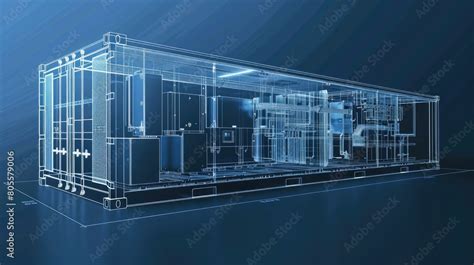 3d Blueprint Image Of A 40 Foot Modular Data Center Container Showcasing Internal Layout And