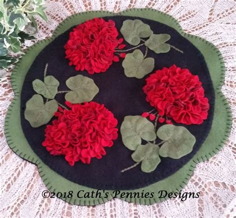 Geranium Beauty Wool Applique Candle Mat Caths Pennies Design