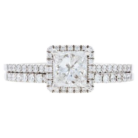 White Gold Diamond Halo Engagement Ring And Wedding Band 14k Princess