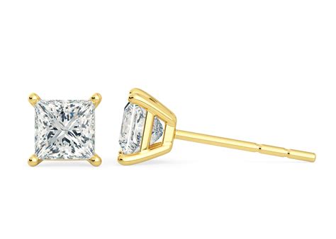 Two Carat Princess Diamond Stud Earrings In 18k Yellow Gold Quality