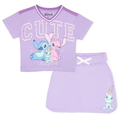 Disney Lilo And Stitch Girls 2 Piece Set Casual Short Sleeve Stitch And