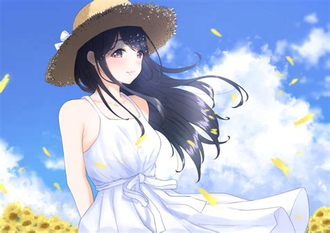 Safebooru 1girl Arhah Arms Behind Back Black Hair Blue Sky Clouds