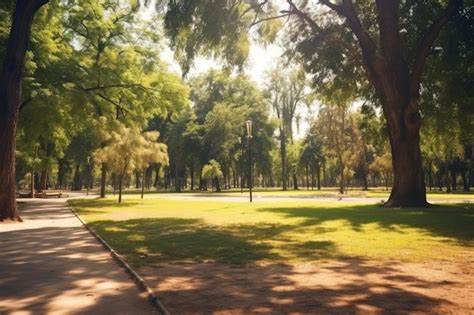 Premium Photo A Picturesque Park With Tall Trees And A Bench In The