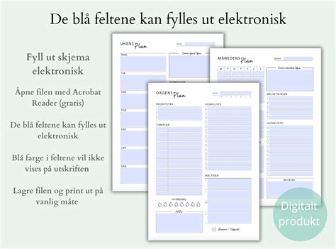 Bundle Dagsplan Ukeplan Månedsplan A4 Printbar Planlegger