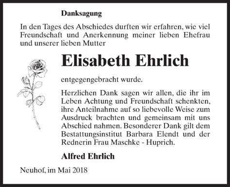 Traueranzeigen Von Elisabeth Ehrlich Trauer Anzeigen De