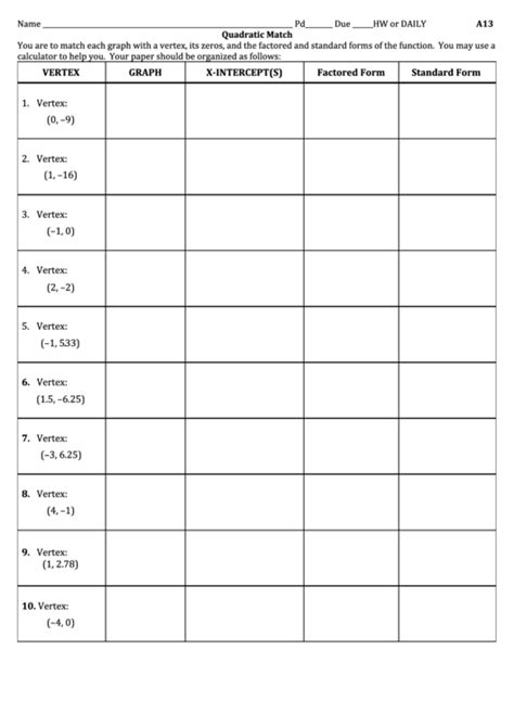 vertex graph x intercept s factored form printable pdf download
