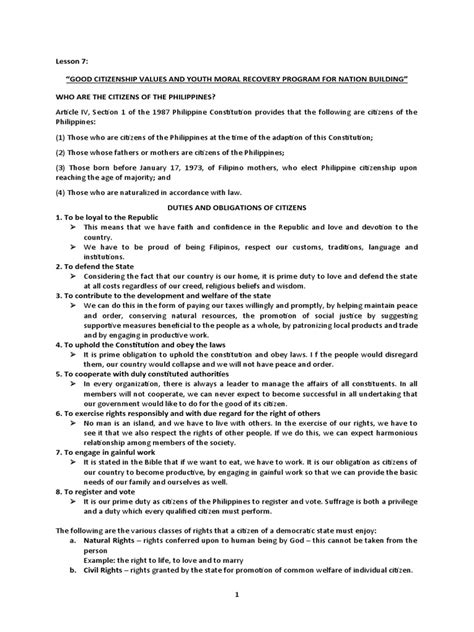 Lesson 7 Good Citizenship Values Pdf Citizenship Philippines