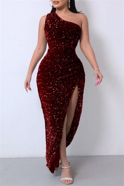 Wholesale Grey Sexy Formal Patchwork Sequins Backless Slit Oblique