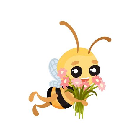Premium Vector Cartoon Bee Flies With A Bouquet Of Pink Flowers In Their Hands Vector