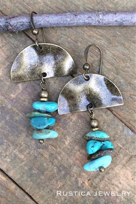 Natural Turquoise Earrings Brass Turquoise Dangle Earrings Boho