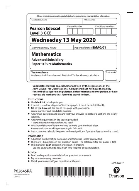 Pearson Edexcel Further Mathematics MA Mark Scheme Paper Pure Mathematics