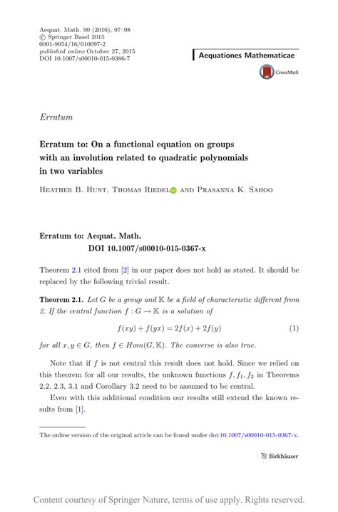 Erratum To On A Functional Equation On Groups With An Involution Related To Quadratic