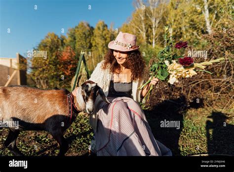 Woman Interacts With Goats In Peaceful Rural Setting Sustainable And