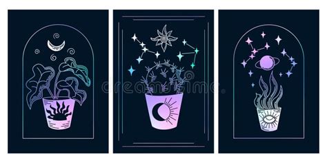 Set Of Retro Celestial Plant Prints From 2000s Stock Illustration