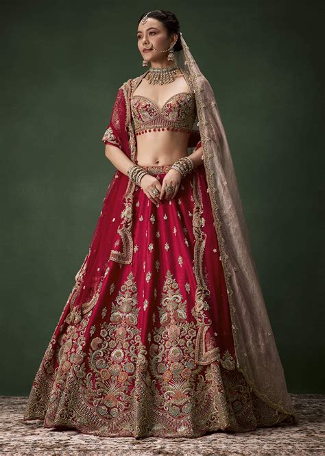 Buy Red Raw Silk Bridal Lehenga Set With Two Dupattas Kalki Fashion Global