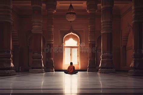 Person Meditating In The Calm And Serene Atmosphere Of Temple Stock