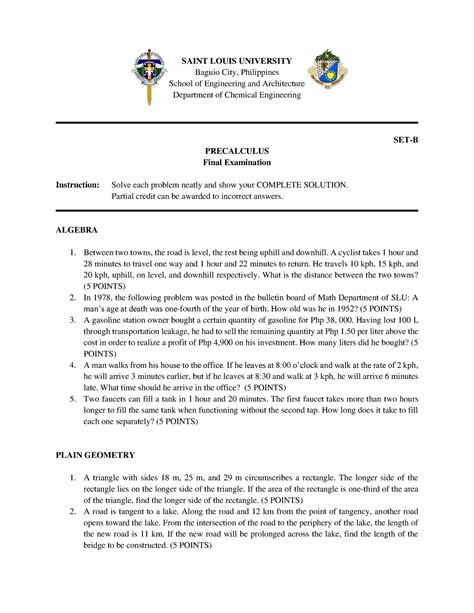 Precalculus Final Exam Saint Louis University Baguio City