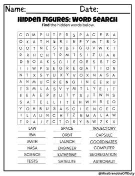 Hidden Figures Word Search Worksheet Activity 5th 6th 7th 8th Grade