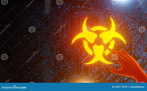 Biohazard Warning Symbol Glowing And Hand Pointing Or Pressing 3d