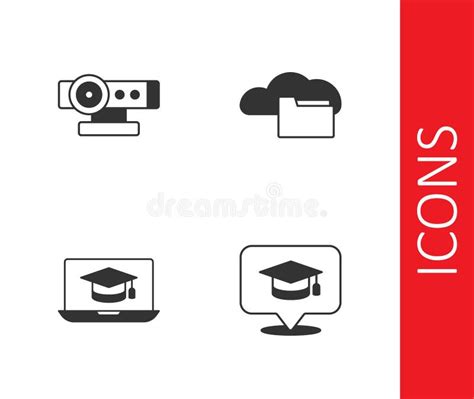 Set Graduation Cap In Speech Bubble Web Camera Laptop And Cloud Or Online Library Icon Vector