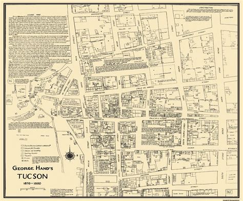 Historic City Map Tucson Arizona Hand 1870 Vintage Wall Art