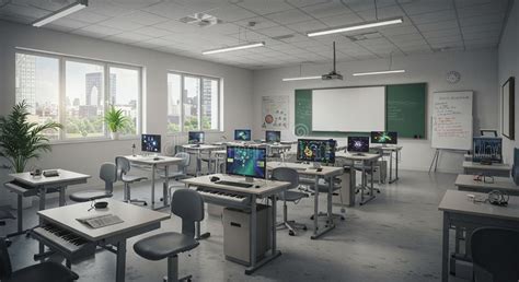 Modern Classroom Equipped With Several Computer Workstations Each Featuring A Stock