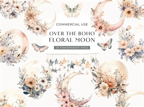 Watercolor Floral Moons Clipart Digital Download Celestial Boho