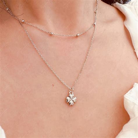 Four Leaf Clover Double Layer Silver Necklace The Silver Luna
