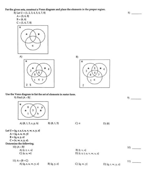 solved for the given sets construct a venn diagram and