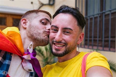 Joyful Gay Friends Capture Love Friendship And Pride In A Colorful Selfie At Their Doorstep