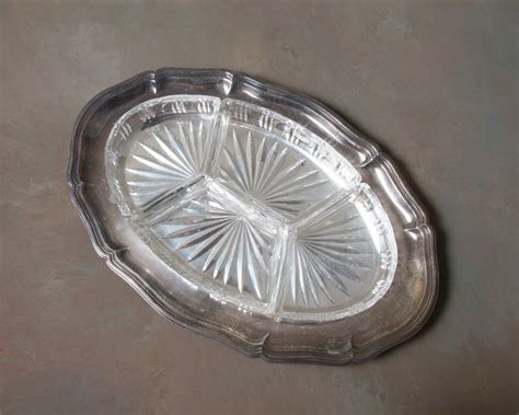 Vintage Sectioned Party Tray Crystal And Silver Plate Platter Haute Juice