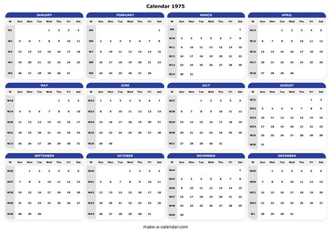 1975 Calendar Free Yearly Printable