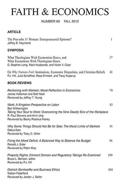 Faith And Economics Issue 60 Fall 2012 The Association Of Christian Economists