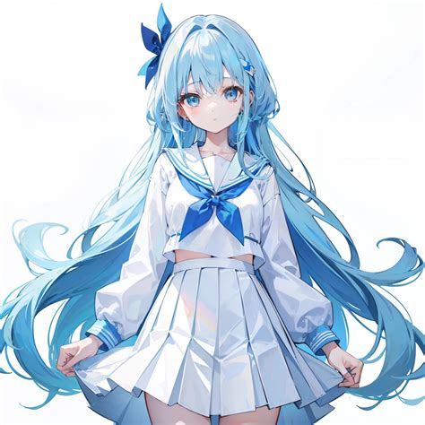 파란 머리와 하얀 드레스를 입고 사진을 찍기 위해 포즈를 취하는 애니메이션 소녀 Seaart Ai