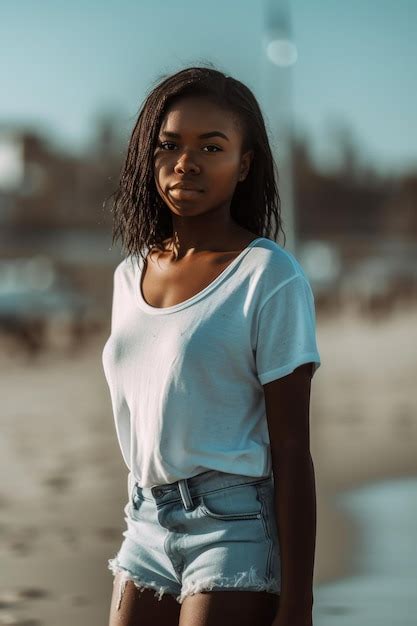 Premium Ai Image A Woman In A White Shirt Stands On A Beach Wearing A