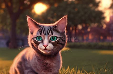 Cute Cat On Walk At Sunset Beautiful Pussycat On Street In Park Generative Ai Stock