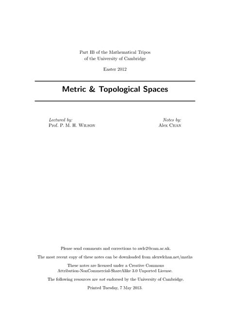Lecture Notes Metric Topological Spaces AAA Part IB Of The Mathematical Tripos Of The