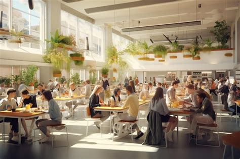 School Cafeteria Scene With Students Enjoying Generative Ai Premium