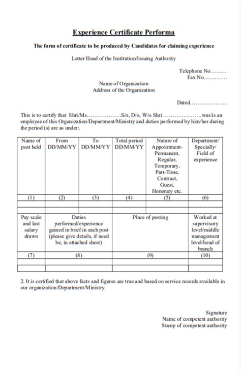 Certificates Format Experience Certificate Performa Produced By