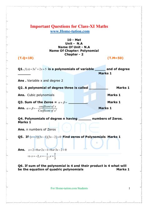 Important Questions For Class 10 Maths Chapter 2 Polynomials With Solutions