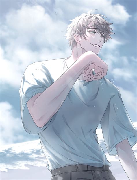 Safebooru 1boy Absurdres Arm Up Beach Brown Hair Brown Pants Clouds