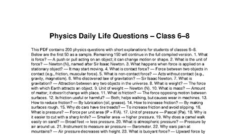 Physics Daily Life Questions For Class 6 8 200 Qanda With Explanations